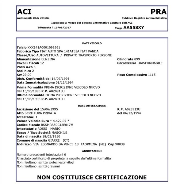 Certificato Cronologico PRA per Targa